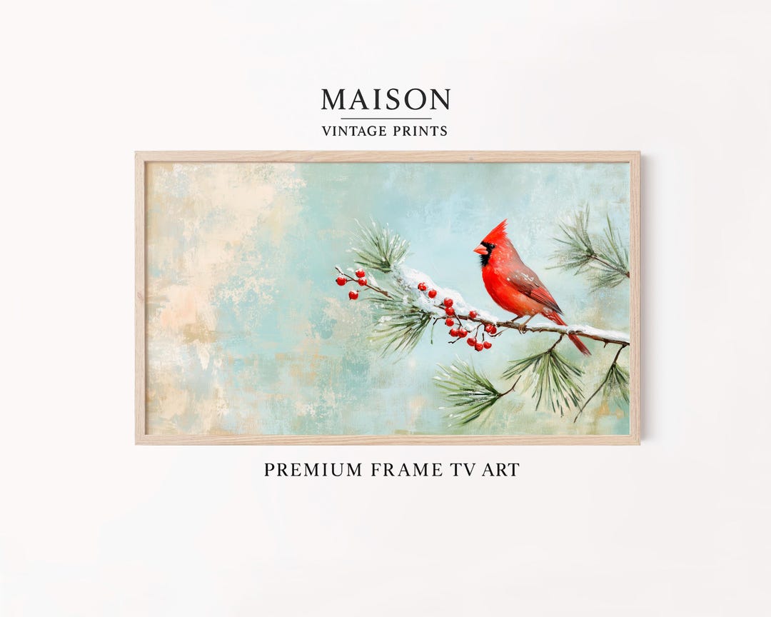 Vintage Farmhouse Red Cardinal Frame TV Art, Winter Bird Watercolor ...