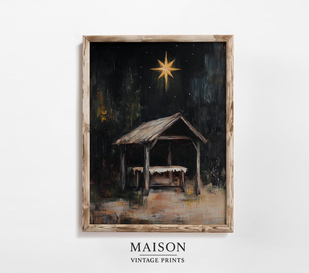 Vintage Manger Scene Painting – Rustic Christmas Nativity Art (digital ...