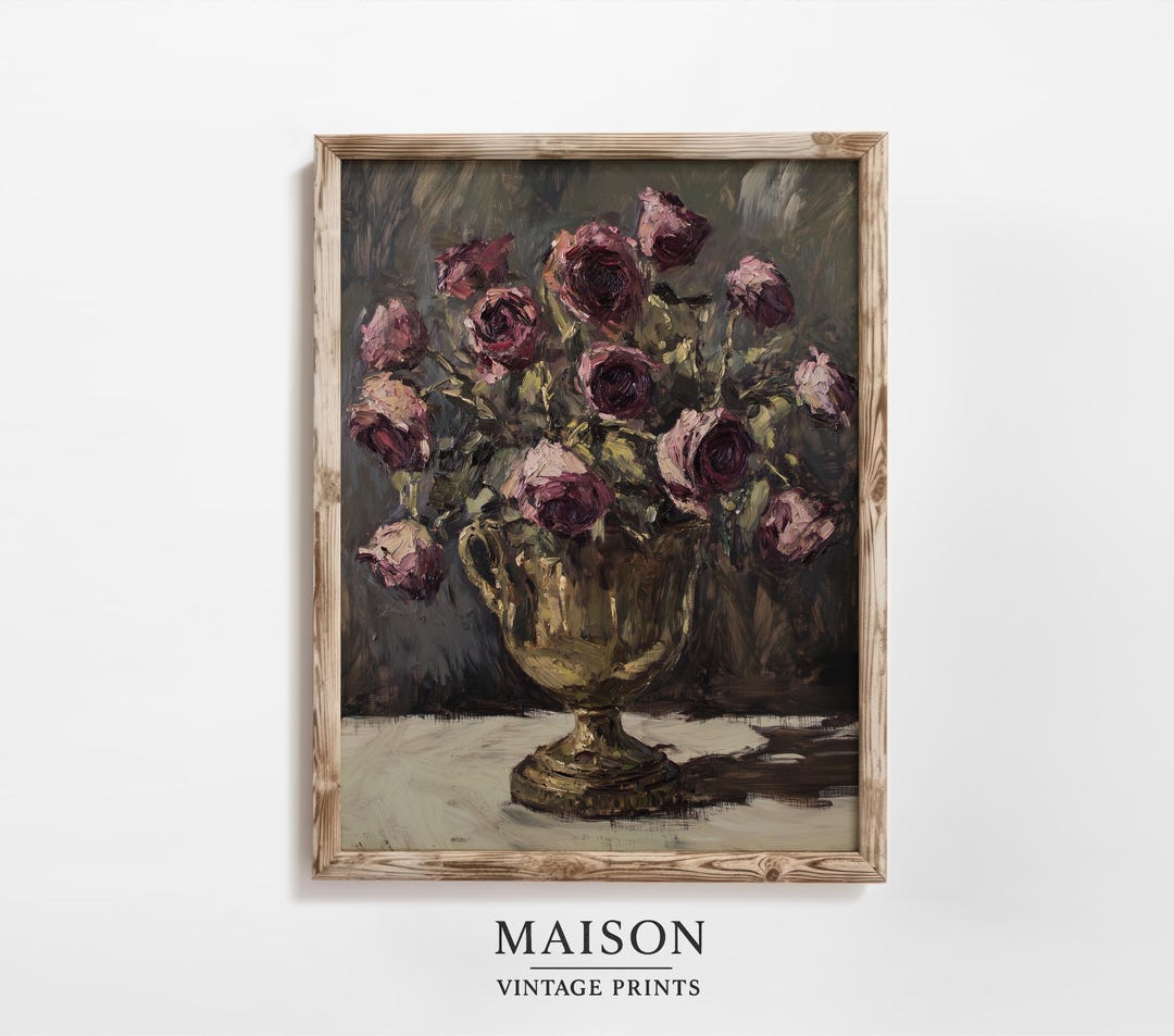 Vintage Blush Roses Printable Still Life Art - Moody Antique-inspired ...