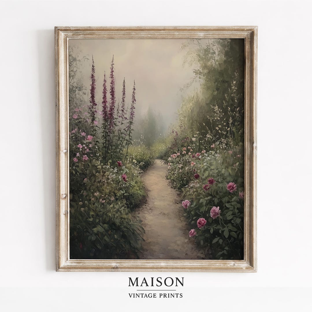 Vintage Cottage Path Print | Moody Rose Garden Walkway Art | Rustic ...