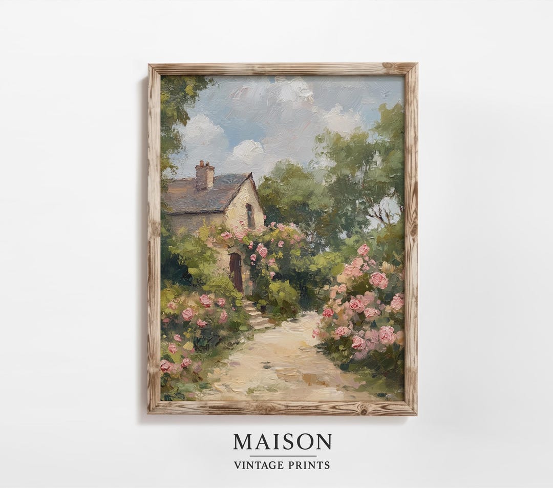 Cottagecore Countryside Cottage Painting, Rustic Blooming Roses Art ...