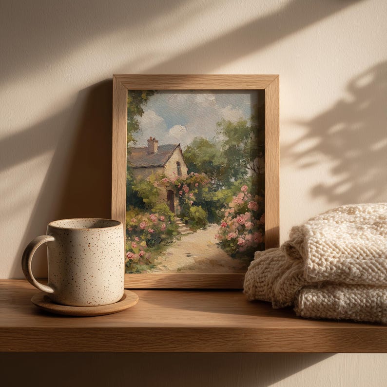 Cottagecore Countryside Cottage Painting, Rustic Blooming Roses Art ...