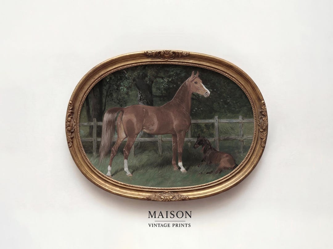 Vintage Mare and Foal Pastoral Print - European Rustic Farmhouse Art ...