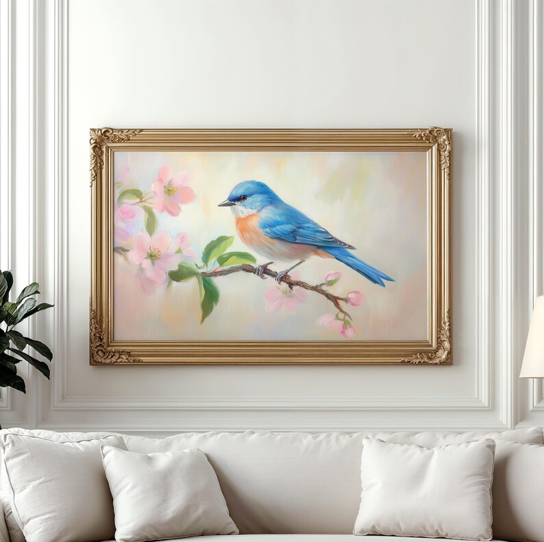 Bluebird on Blooming Branch - Spring Cottagecore Wall Art, Pastel Bird ...