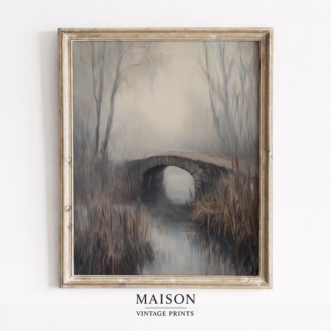 Moody Vintage Stone Bridge in Mist - Rustic Landscape Art, Dark ...