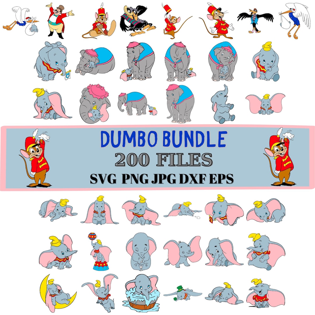 200 Files Dumbo SVG Bundle, Cute Layered Elephant Designs in PNG & JPG ...