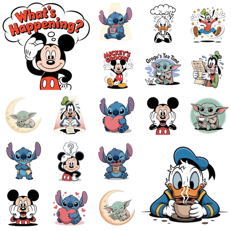 Cozy Cartoon Clipart Bundle, Grogu and Stitch With Cute Emotions ...