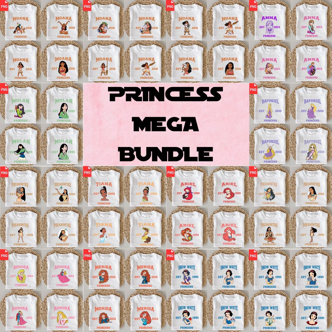 Princess Clipart PNG Bundle, Tiana Shirt Design, Elsa and Moana ...