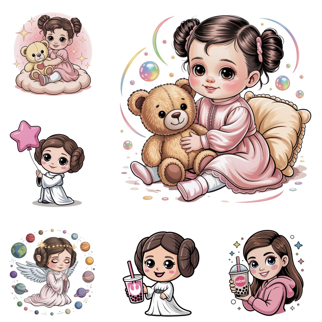 Cute Little Girl Clipart, Pink Dress, Bubble Tea, Princess Leia Style ...