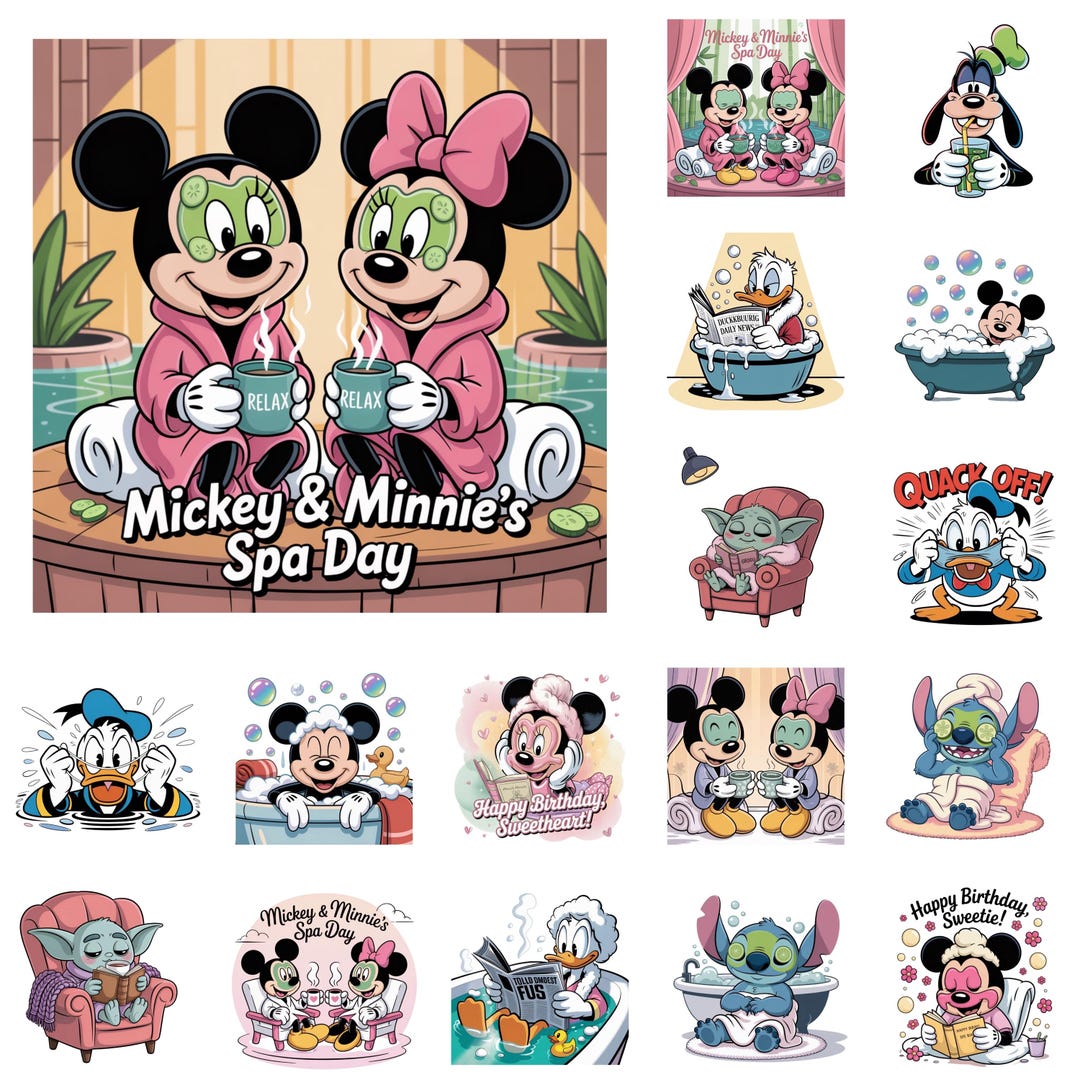 Relaxing Spa Day Png, Minnie in Robe, Mickey in Bathtub, Donald Reading ...