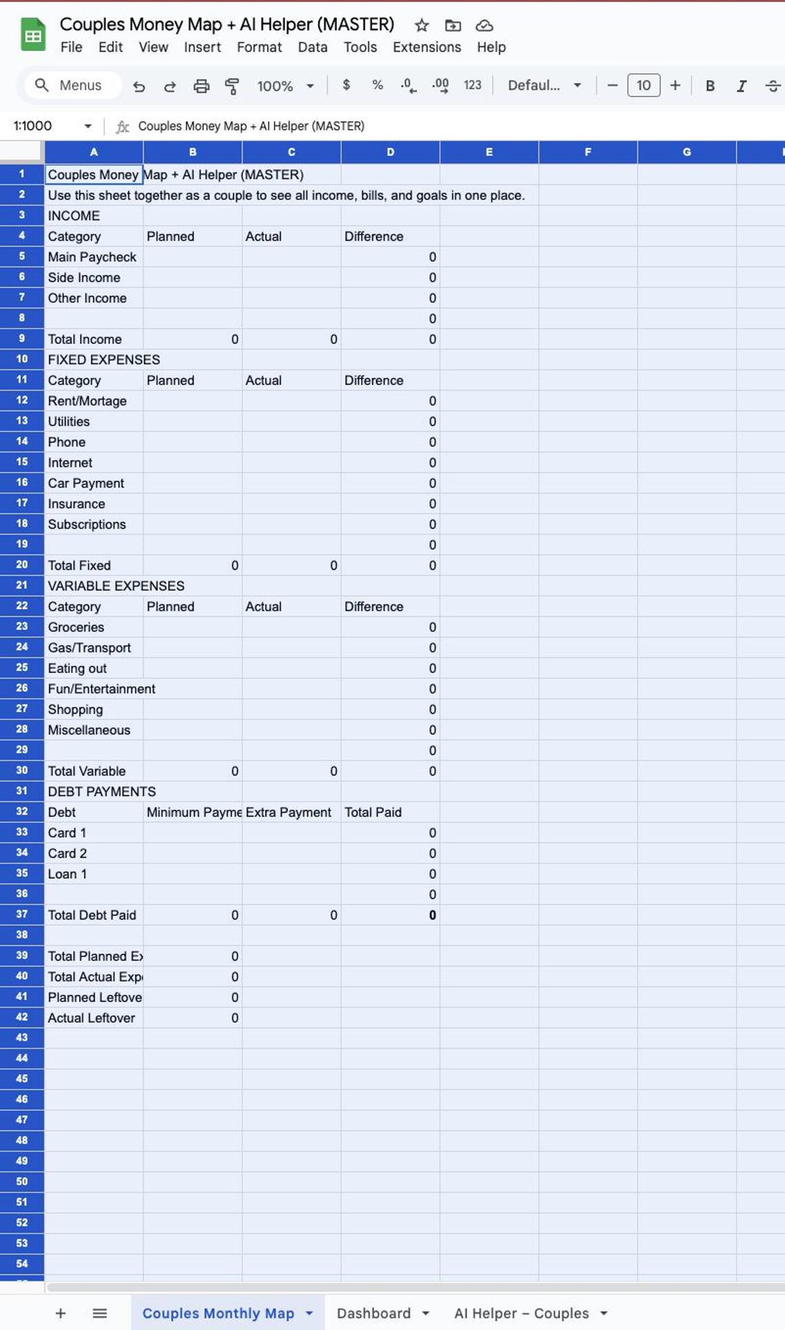 Couples Money Map + AI Helper | Joint Budget, Debt & Savings Planner ...