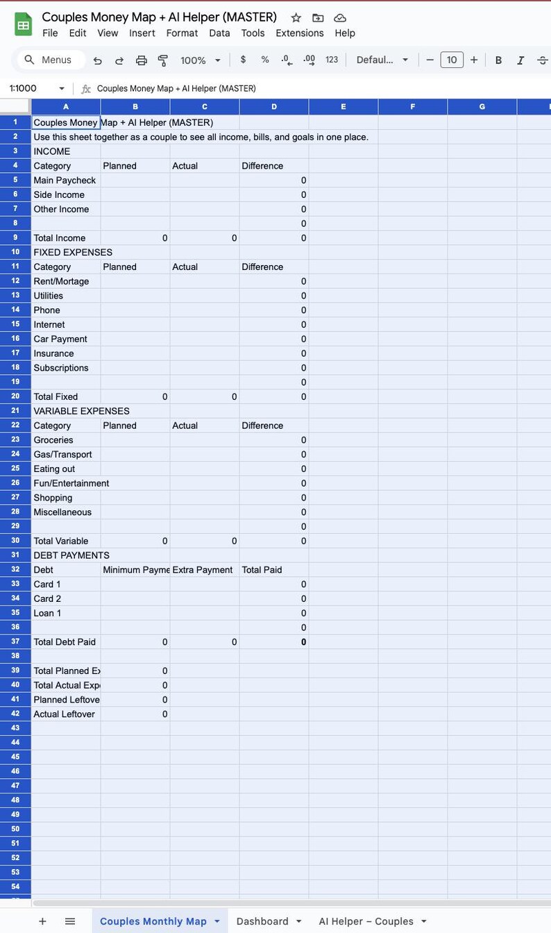 Couples Money Map + AI Helper | Joint Budget, Debt & Savings Planner ...