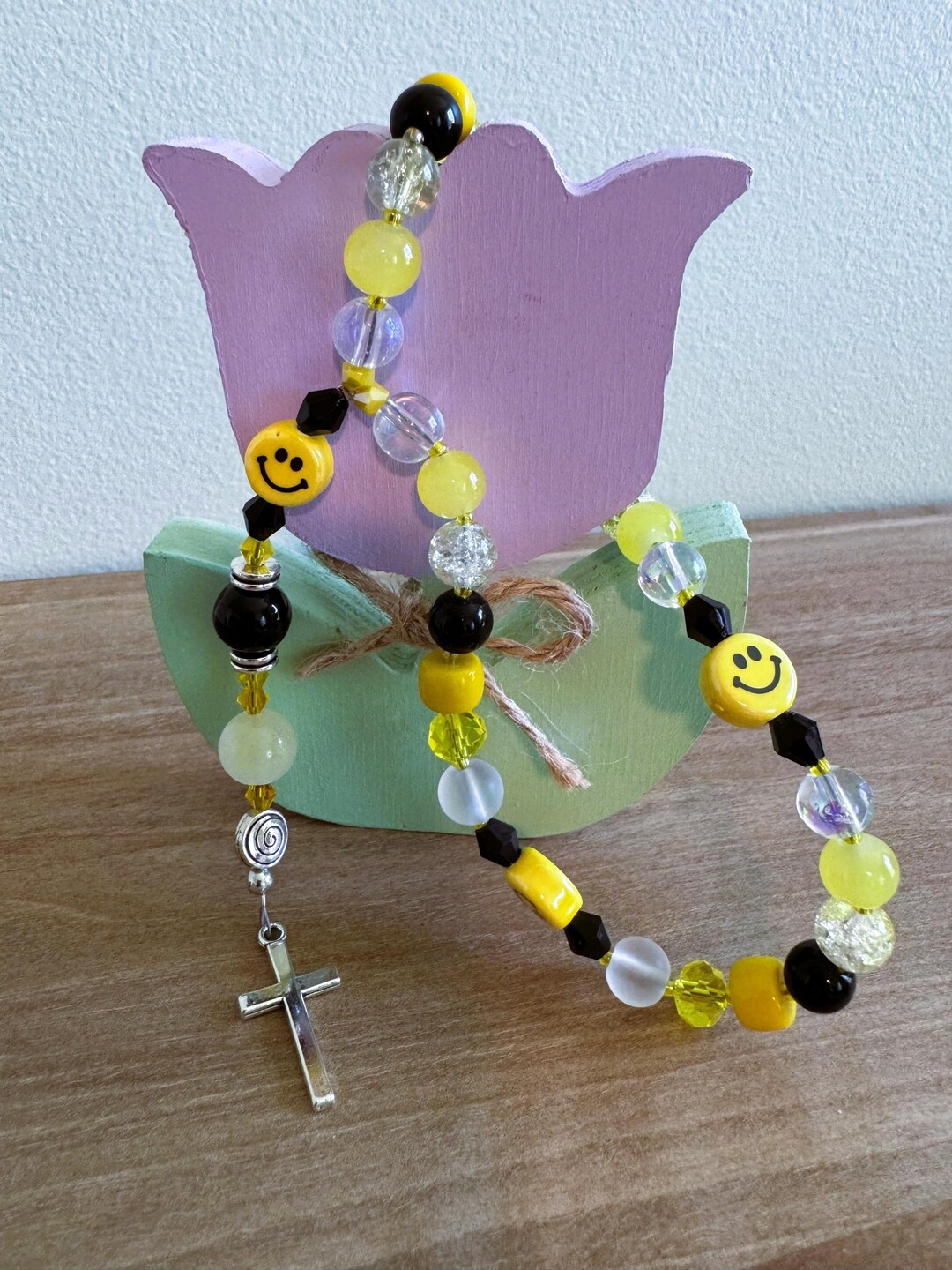 Smiley Face Prayer Beads: Yellow and Black, Silver Cross - Etsy