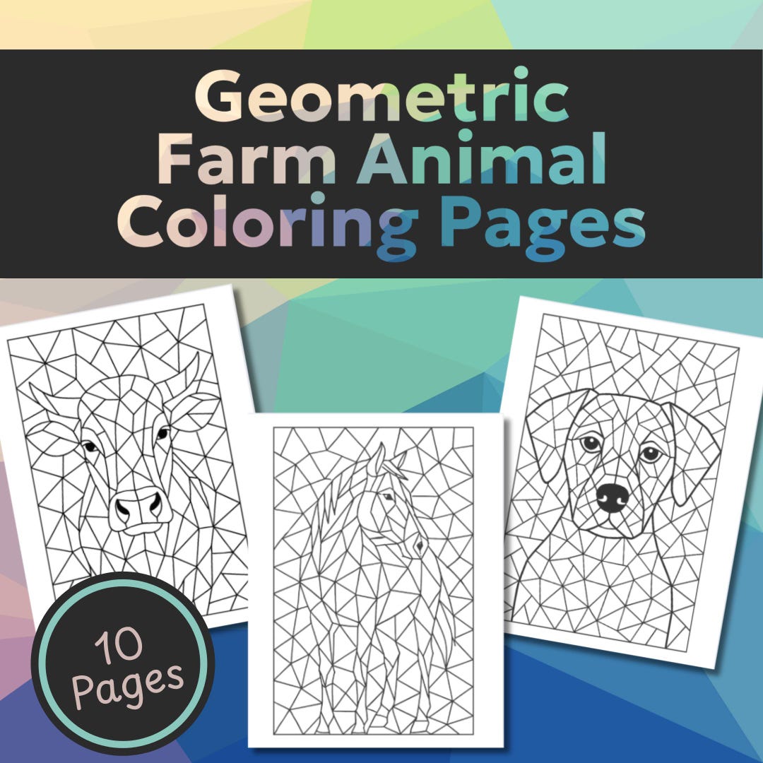 Geometric Farm Animals Mosaic Coloring Pages Printable Digital Download ...