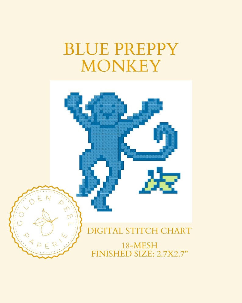 Blue Preppy Monkey Needlepoint Chart: DIY Canvas Pattern (digital ...