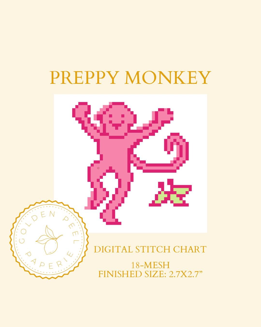 Pink Preppy Monkey Needlepoint Chart: DIY Canvas Pattern (digital ...