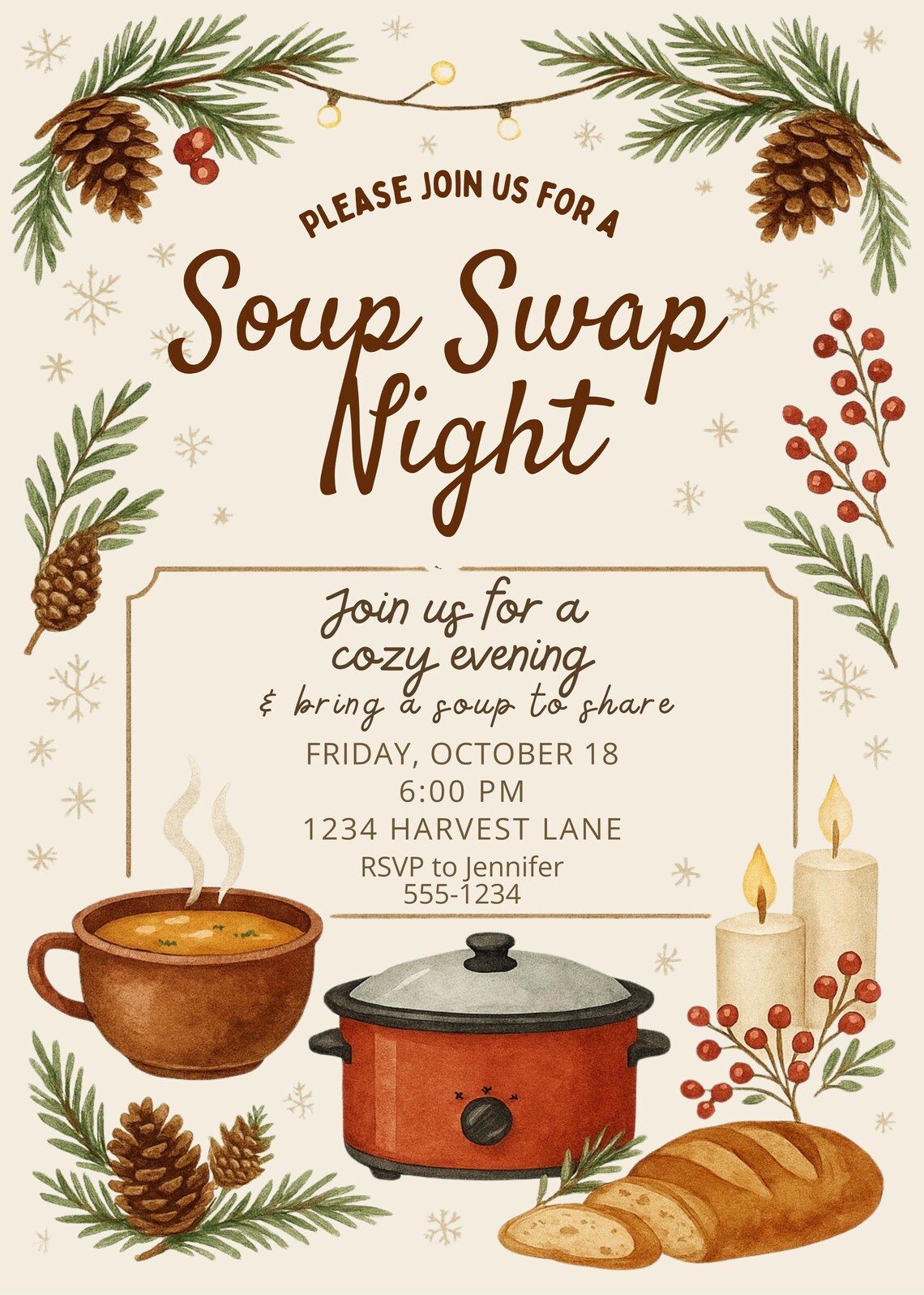 Winter Soup Swap Invitation | Cozy Rustic Soup Night Party Invite ...