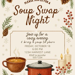 Winter Soup Swap Invitation | Cozy Rustic Soup Night Party Invite ...