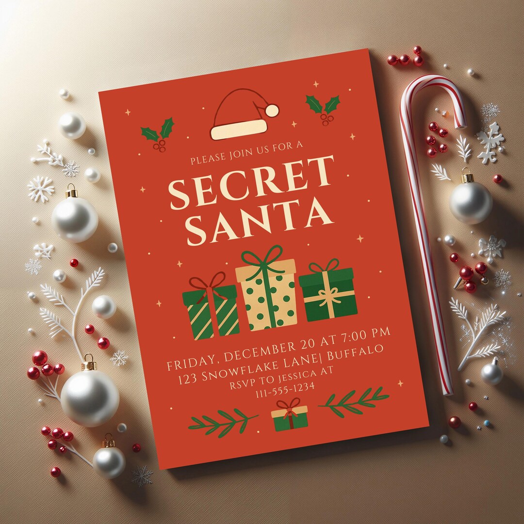 Secret Santa Party Invitation Template | Holiday Christmas Invite ...