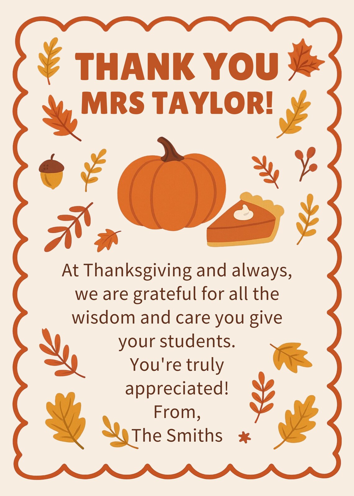 Thanksgiving Teacher Thank You Card | Printable Fall Teacher ...