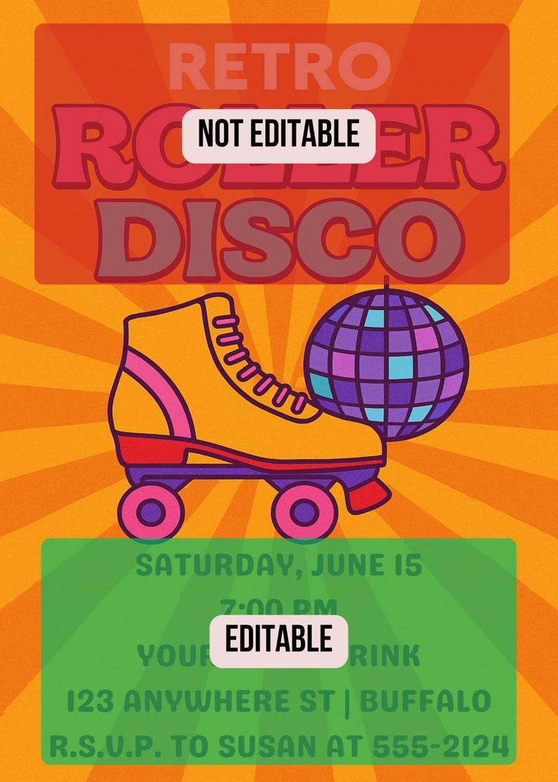 Editable Roller Disco Dance Party Invitation | 70s Theme Printable ...