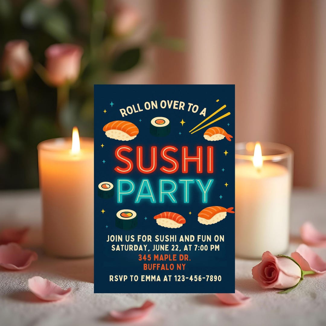 Sushi Party Invitation | Roll on Over Editable Canva Template | 5x7 ...