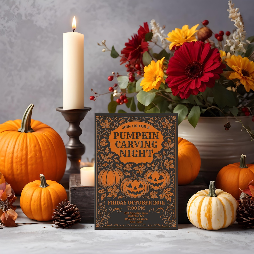 Vintage Pumpkin Carving Party Invite, Fall Halloween Night Invitation ...