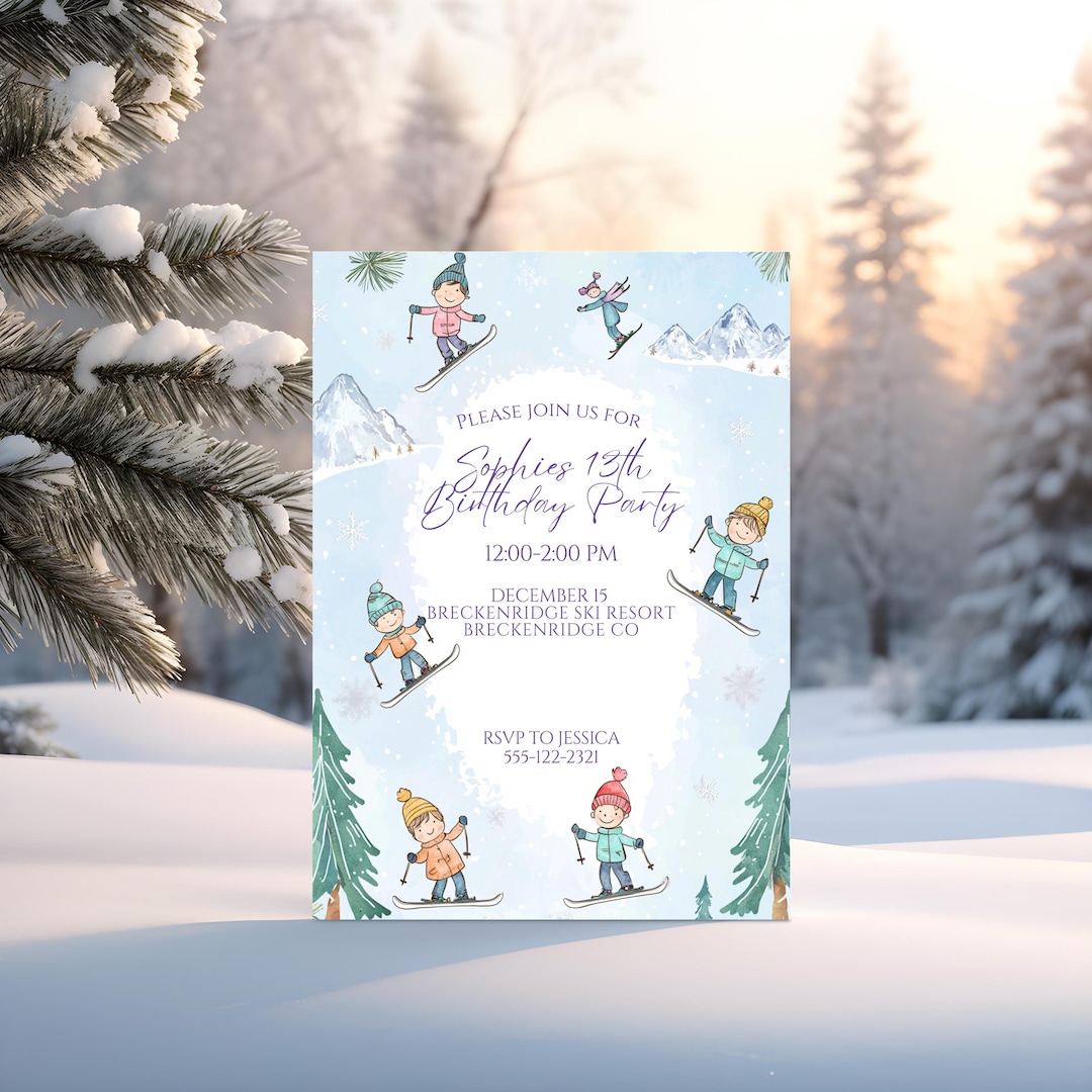 Watercolor Ski Birthday Invitation | Winter Ski Party Invite | Snowy ...