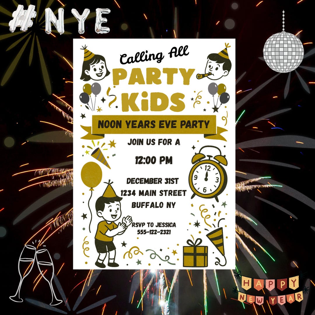 Retro Noon Years Eve Invitation • Kids New Years Party Invite • Calling ...