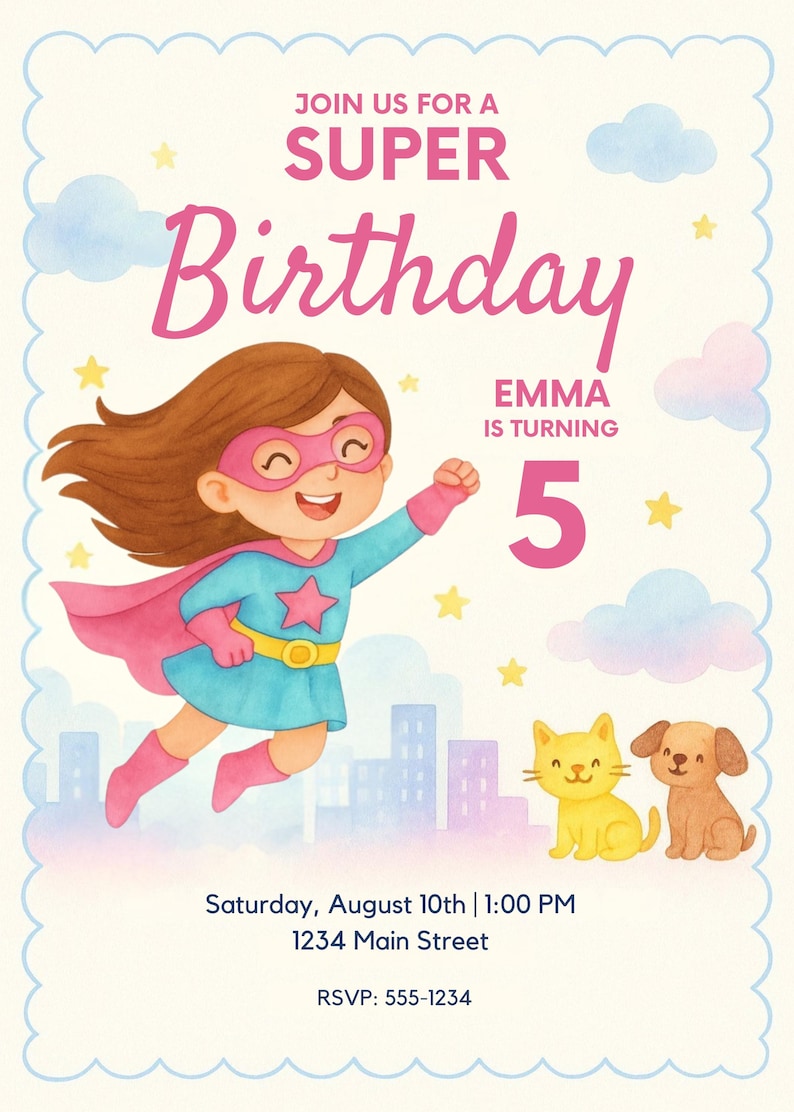 Girl Super Hero Birthday Invitation - Pastel Cartoon Super Hero Party ...