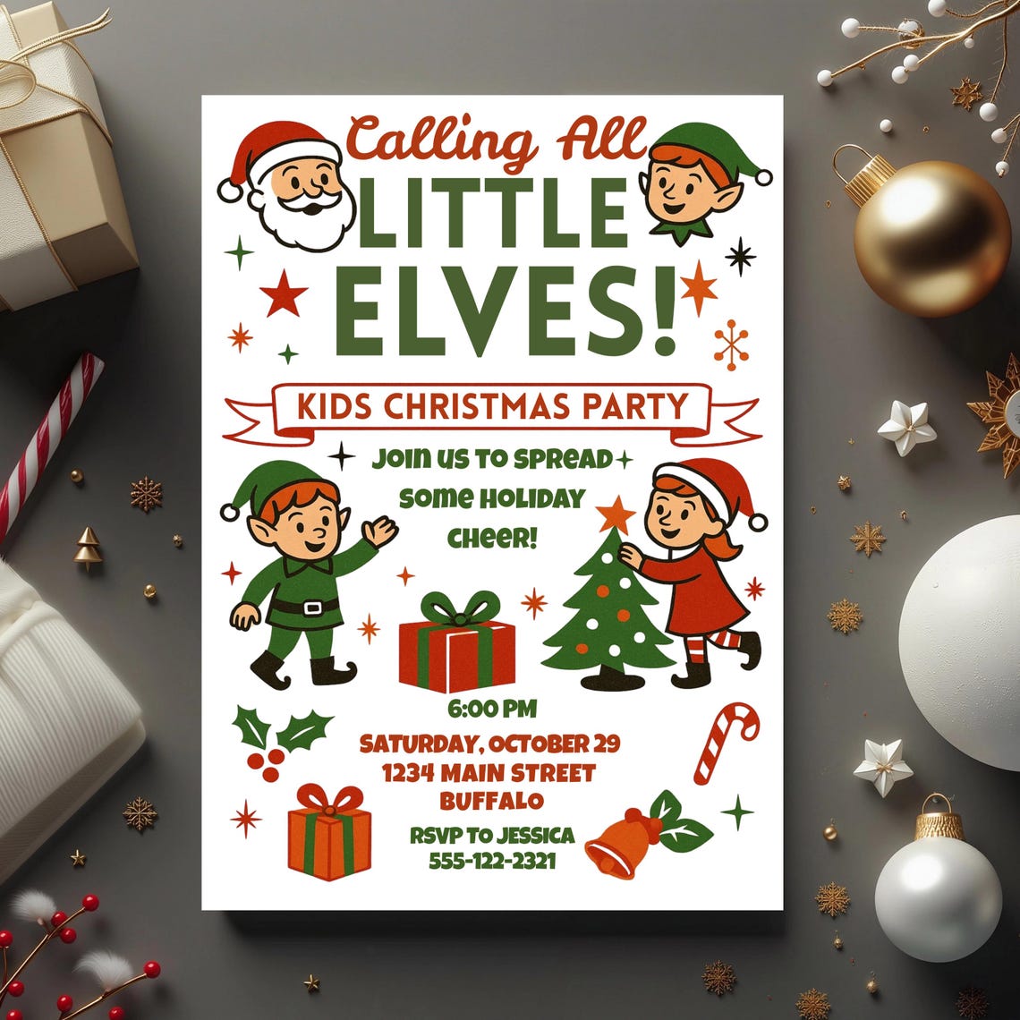 Calling All Little Elves Kidsmas Party Invitation | Retro Christmas ...
