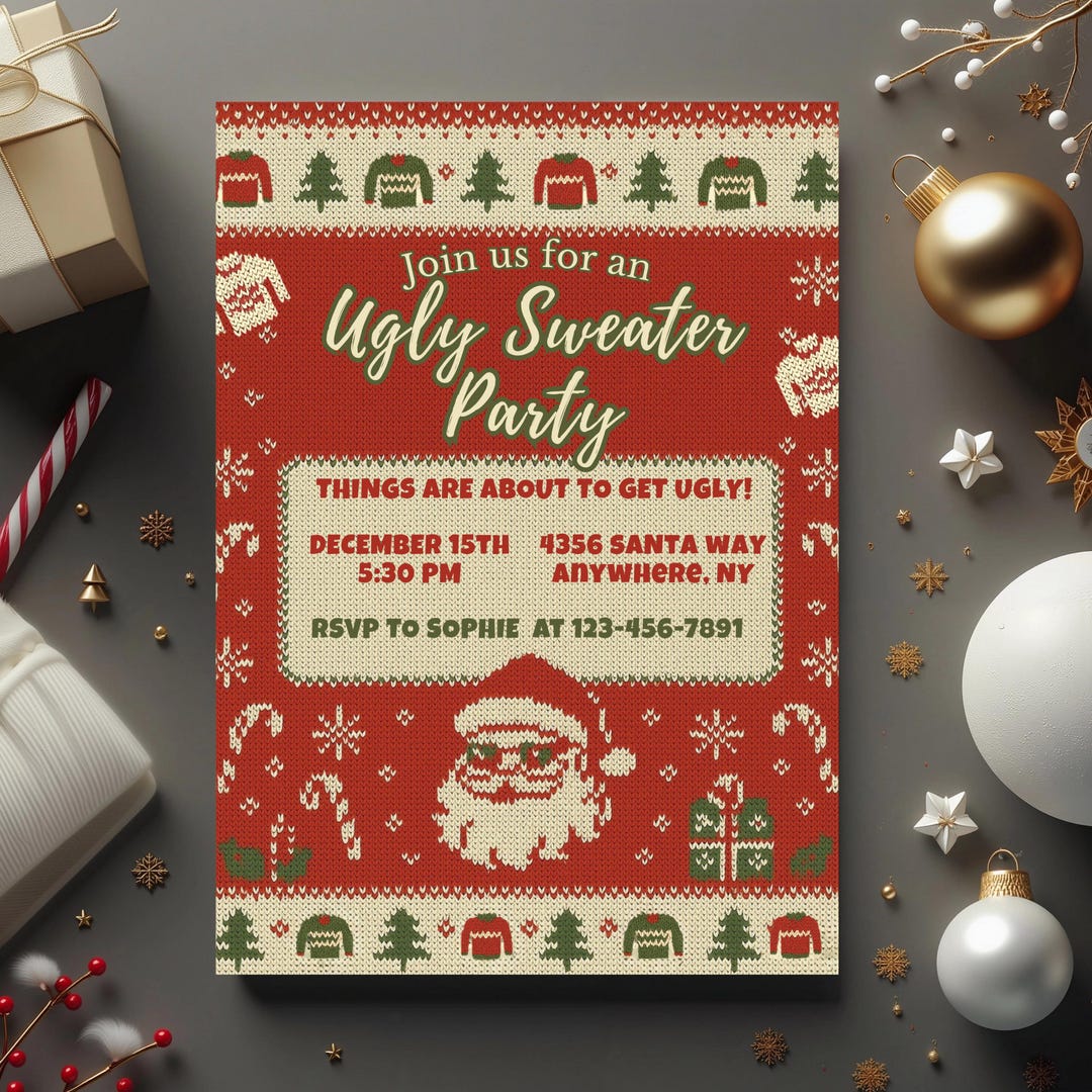 Ugly Sweater Christmas Party Invitation | Retro Office Party ...