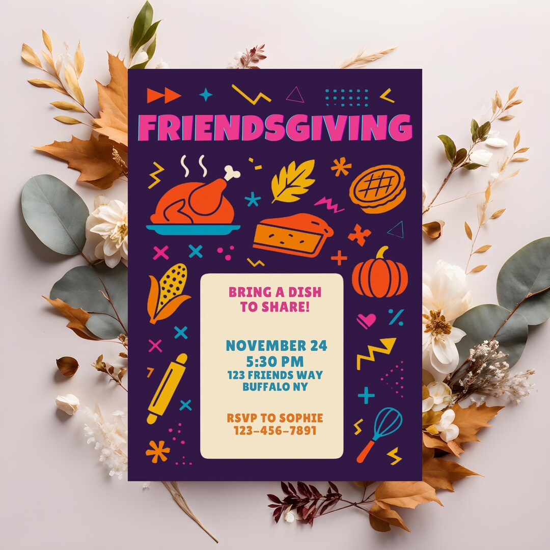 1980s Retro Friendsgiving Invitation | Neon Thanksgiving Dinner Party ...