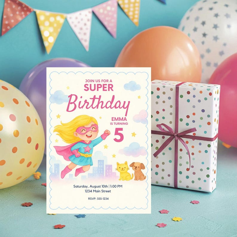 Girl Super Hero Birthday Invitation - Pastel Cartoon Super Hero Party ...