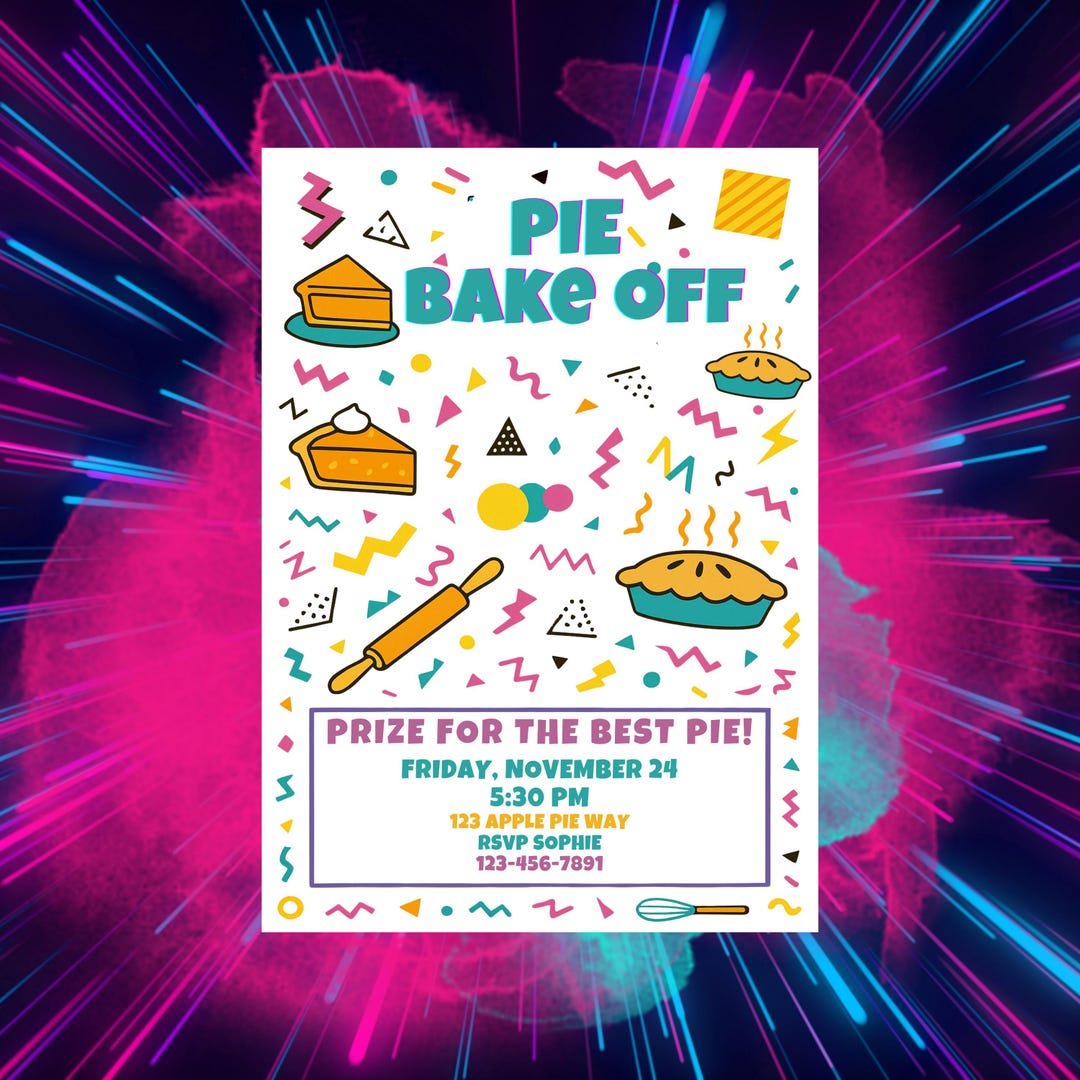 1990s Retro Pie Bake off Invitation Fall | Editable Pie Baking Contest ...