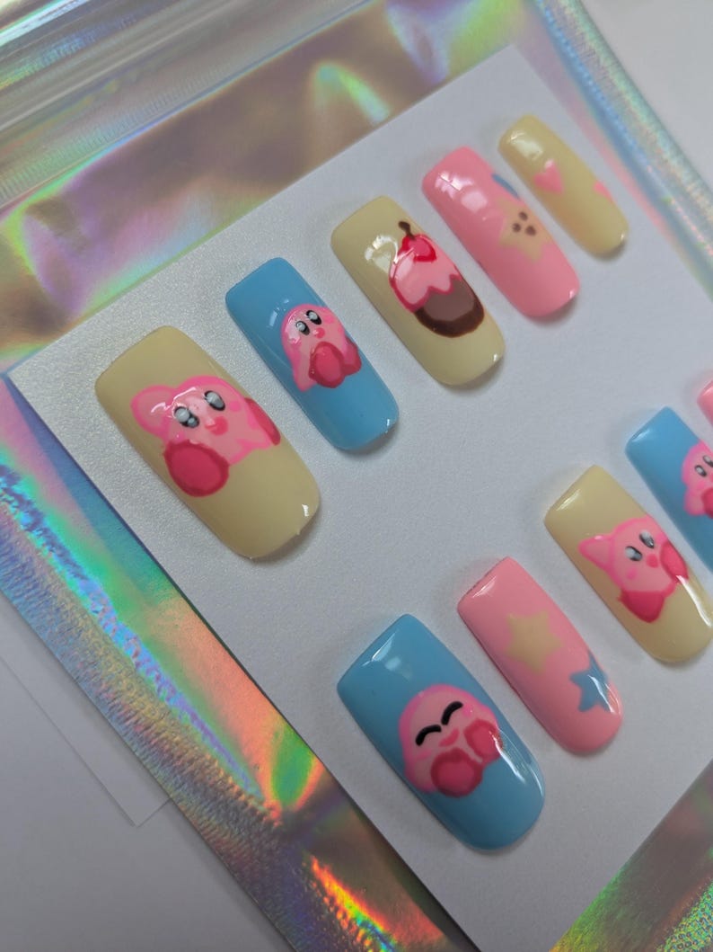Kirby Press-on Nails | Long Square | Nintendo | Cupcake Nails | Star ...