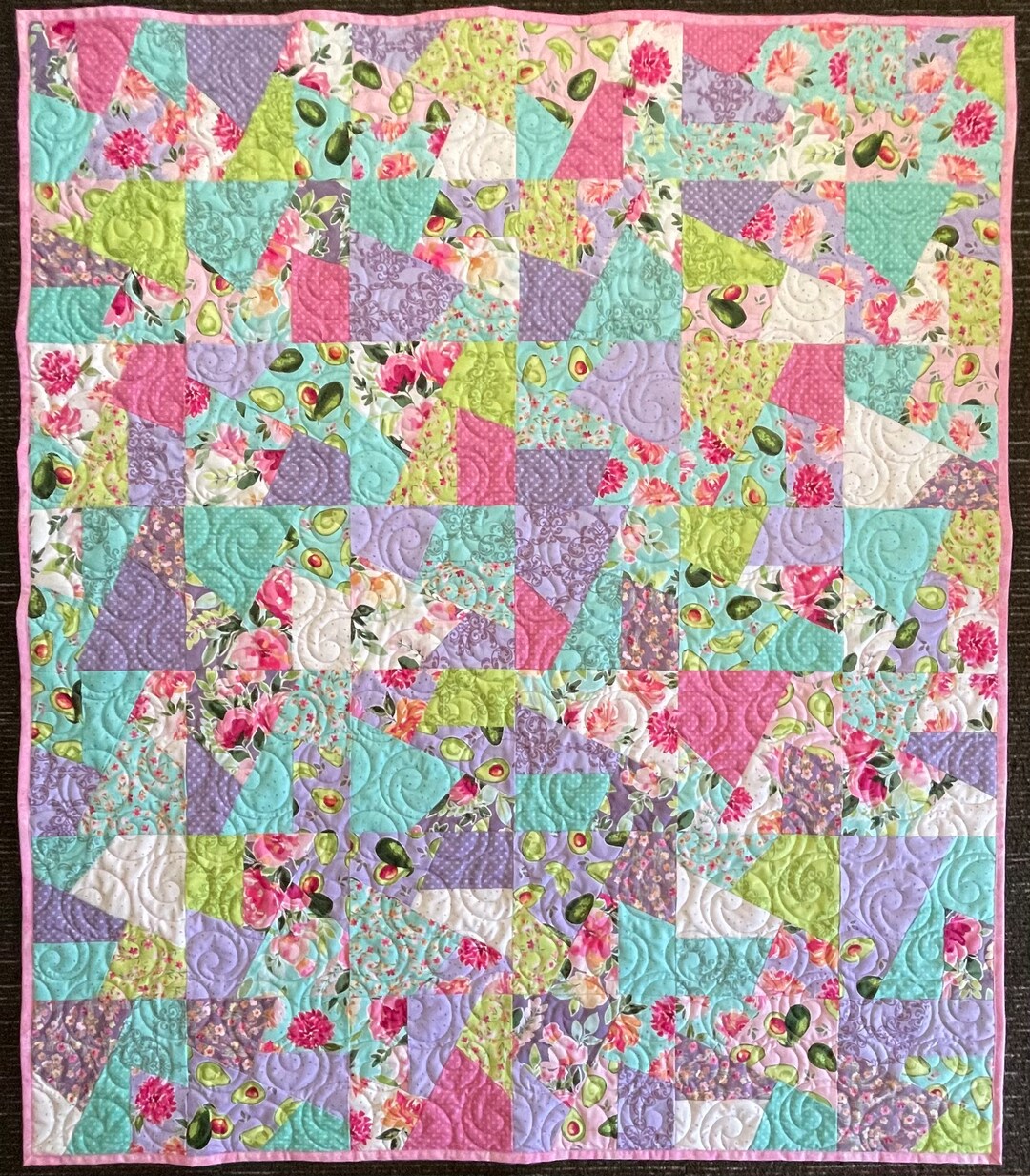 Patchwork Throw Quilt - Avocados, Florals, Pink Gravel Backing - Etsy