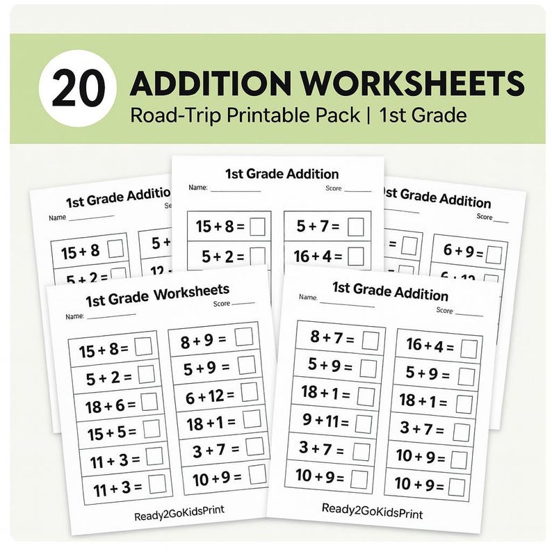 1st Grade Addition Worksheets | 20-page Black & White Road-trip Math ...