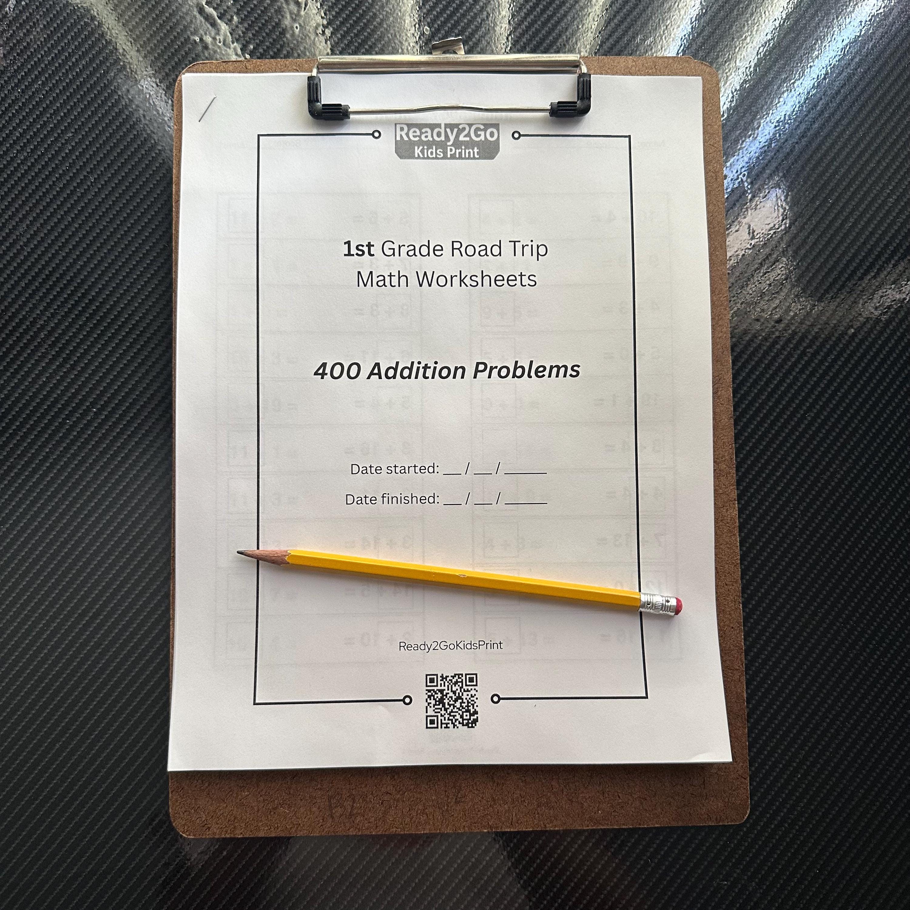 1st Grade Addition Worksheets | 20-page Black & White Road-trip Math ...