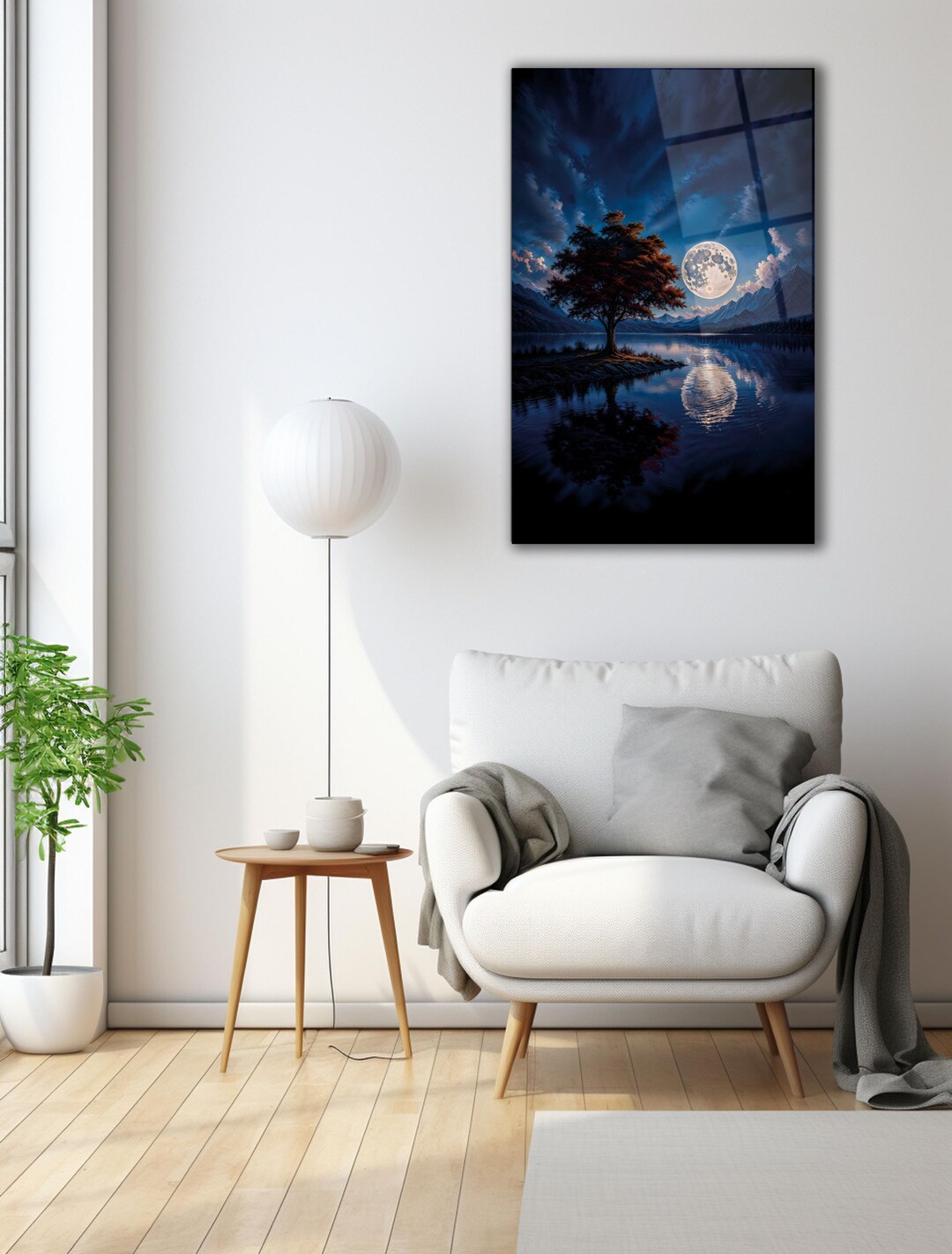 Moonlit Lake Glass Wall Art – Tree Reflection Under Full Moon | Serene ...