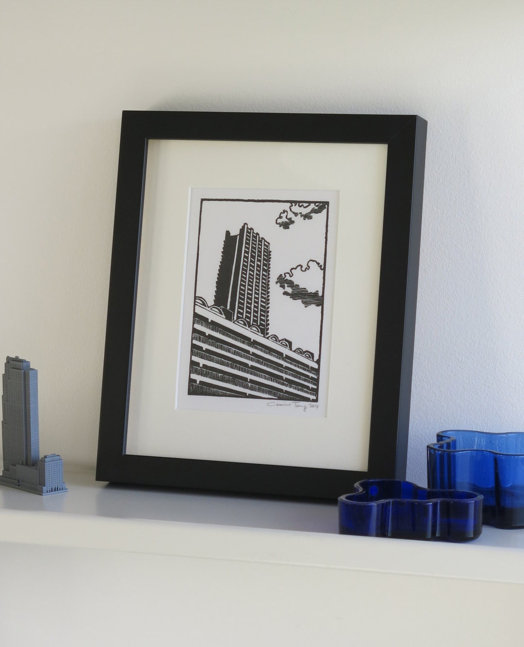 Barbican London, View of Defoe House and Shakespeare Tower Handprinted ...