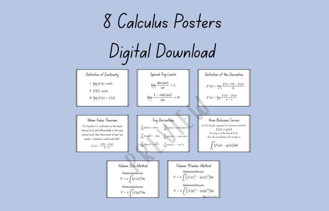 Set of 8 Calculus Posters, Math Posters, Derivatives and Integrals ...