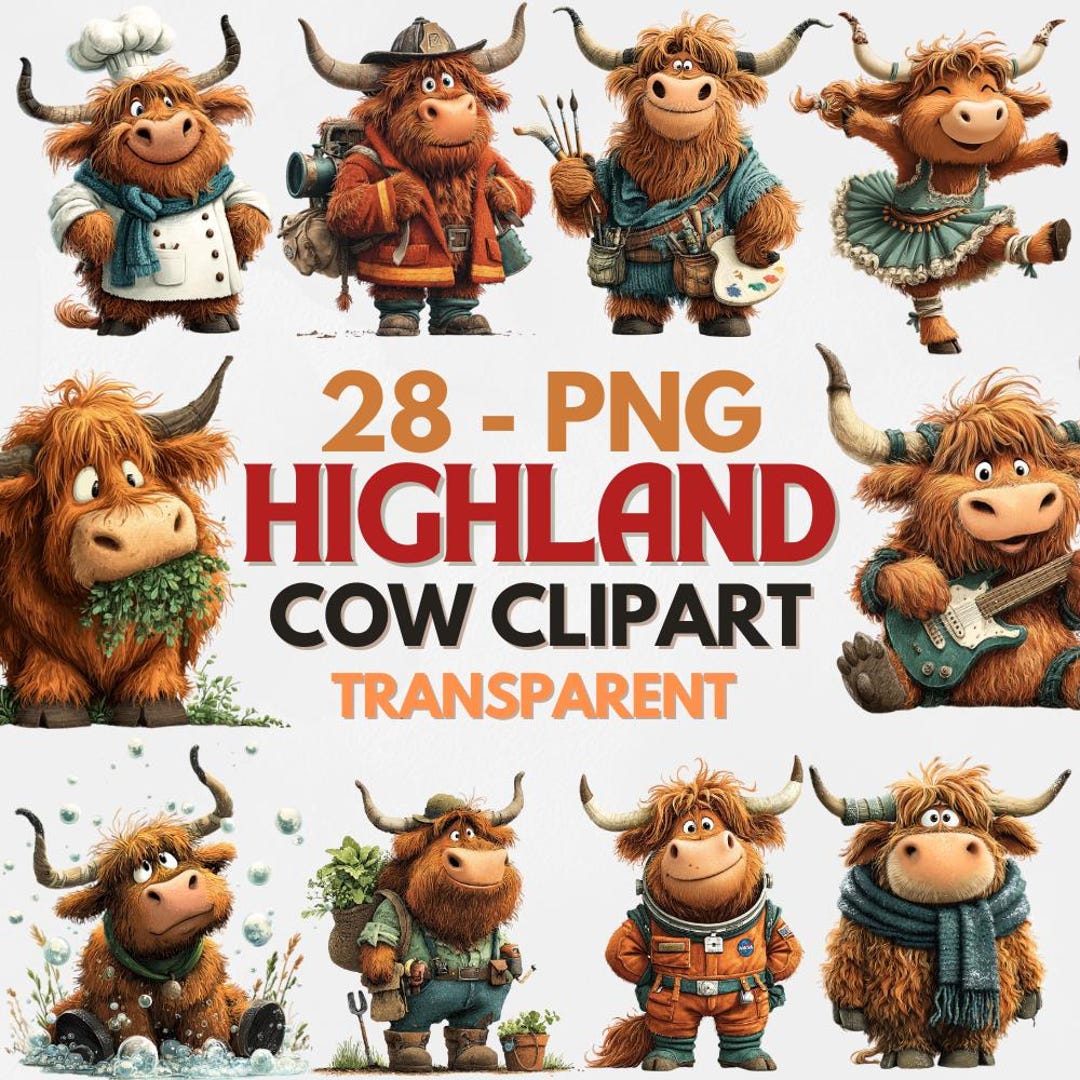 Highland Cow Clipart Bundle: Watercolor Scottish Cattle Pngs - Etsy