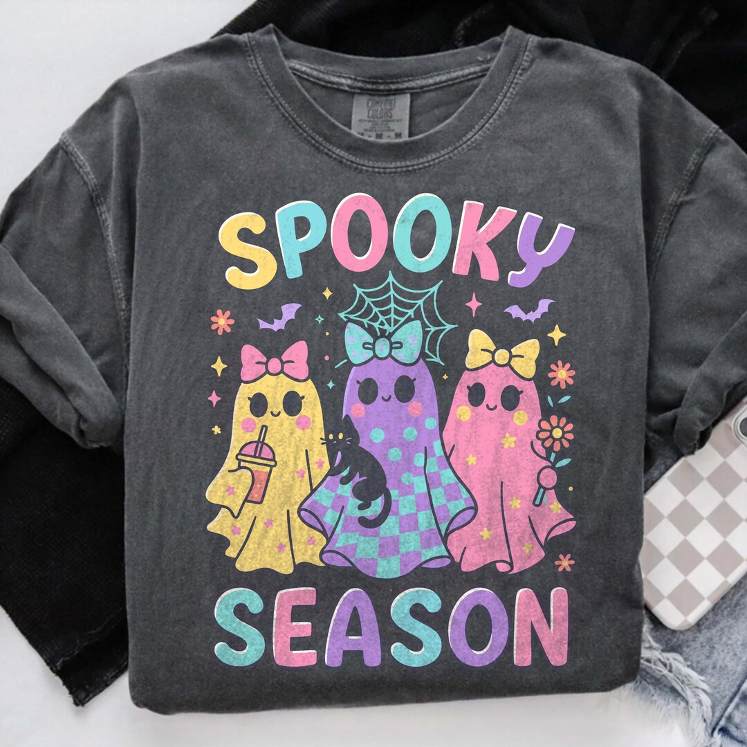 Retro Neon Halloween PNG: Spooky Ghost Trio - Checkered Design (digital ...