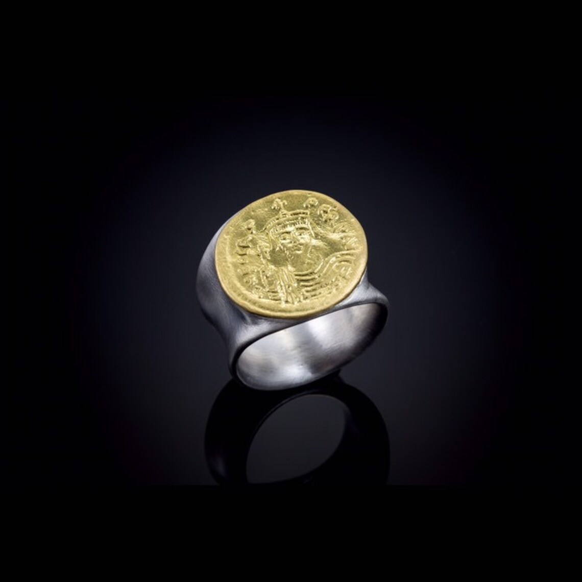 Ancient Coin Signet Ring,22k Solid Gold Coin on Opening Sterling Silver ...