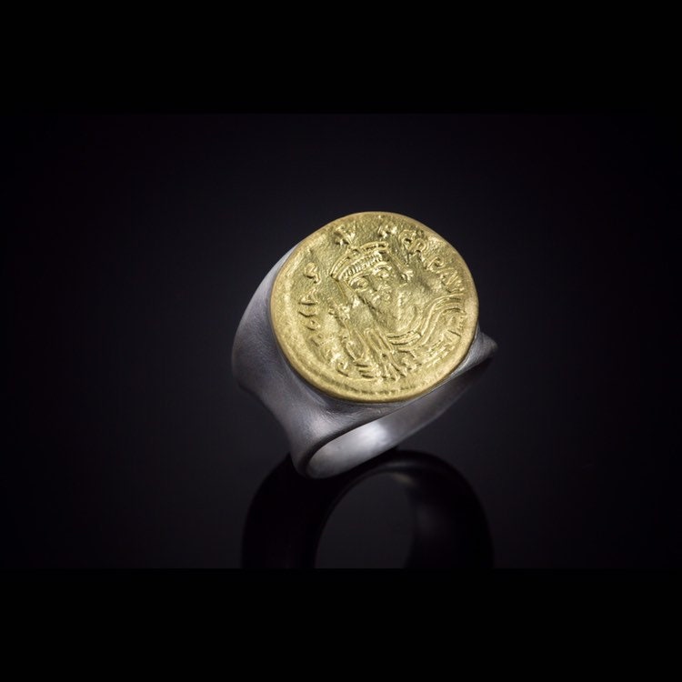 Ancient Coin Signet Ring,22k Solid Gold Coin on Opening Sterling Silver ...