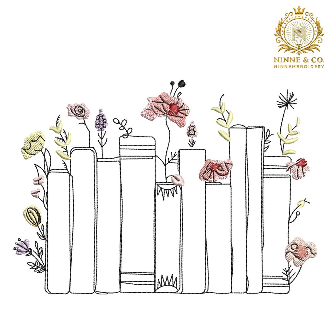 Floral Book Stack Embroidery Design, Botanical Book Lovers Embroidery ...