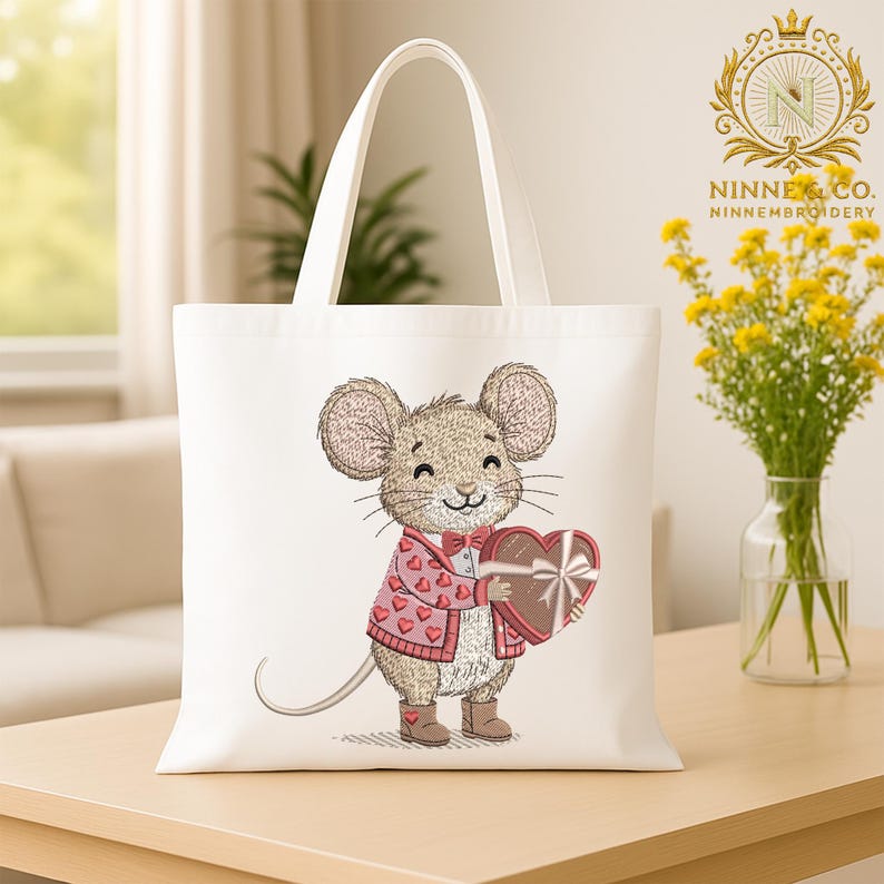 Mouse Valentine's Day Embroidery File, Cute Mouse Embroidery Design ...