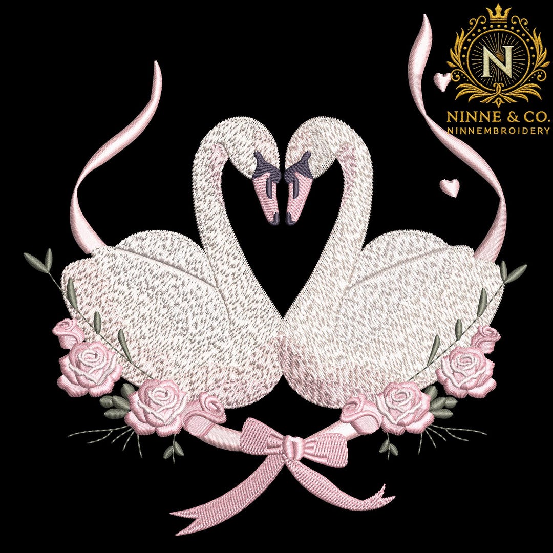 Swan Love Embroidery File, Romantic Swans With Pink Roses and Bow ...
