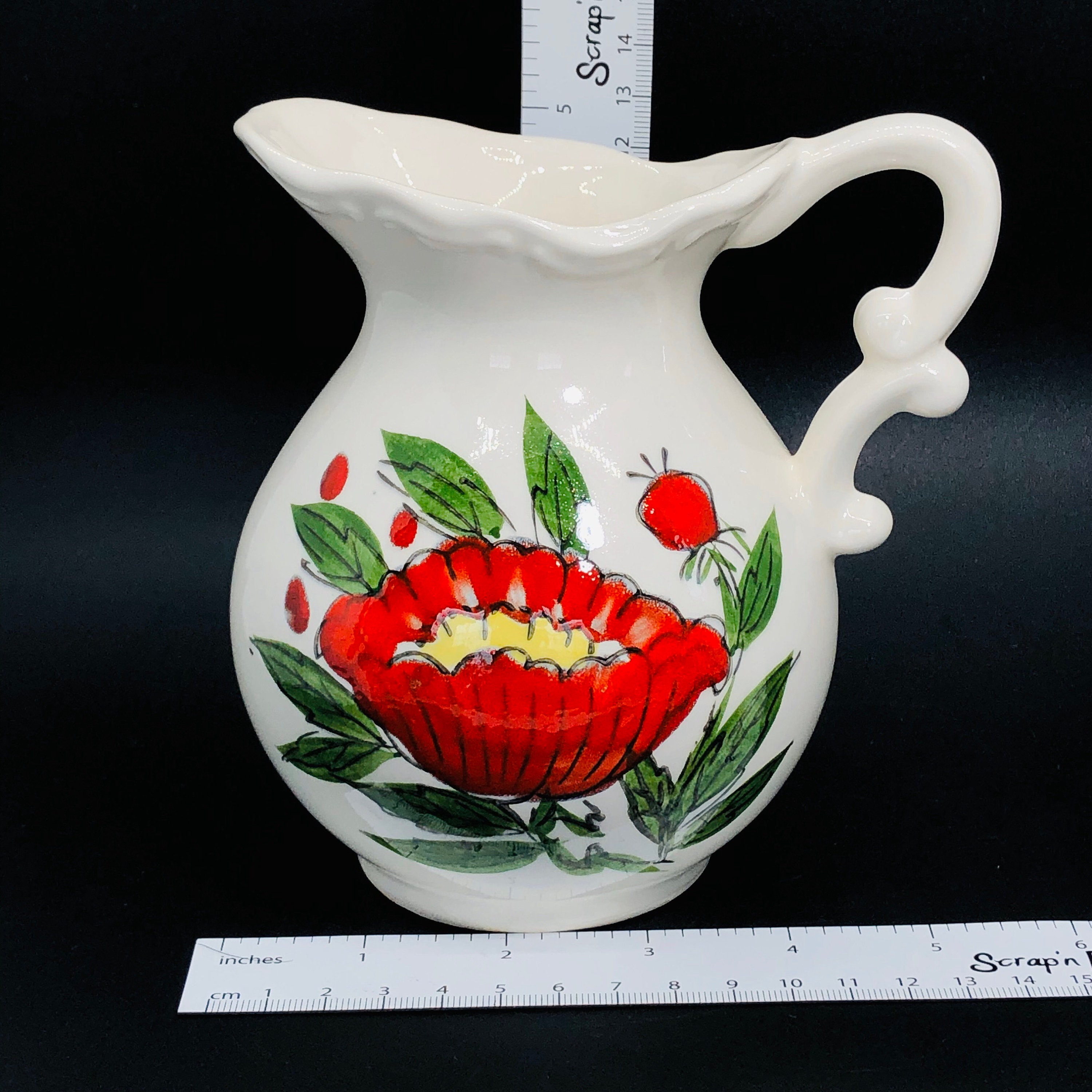 Vintage Hand Painted Ceramic Red Floral Pitcher | Etsy
